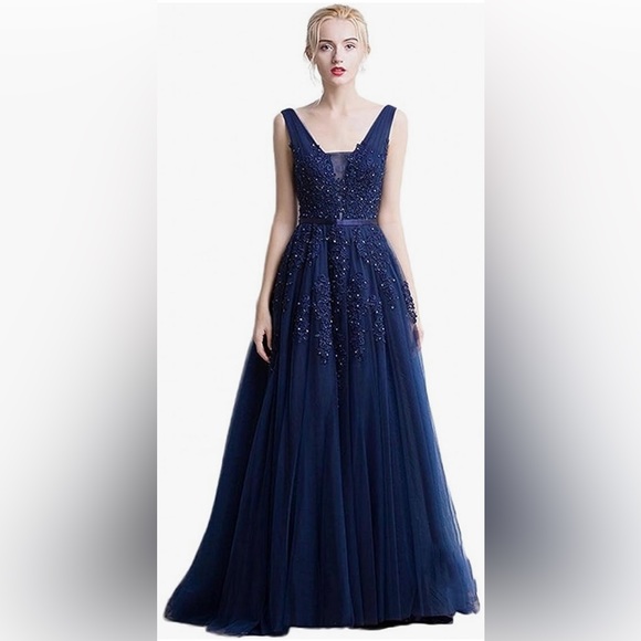 Dresses | Floor Length Dark Blue Formal Gown With Beadworktulle Est ...